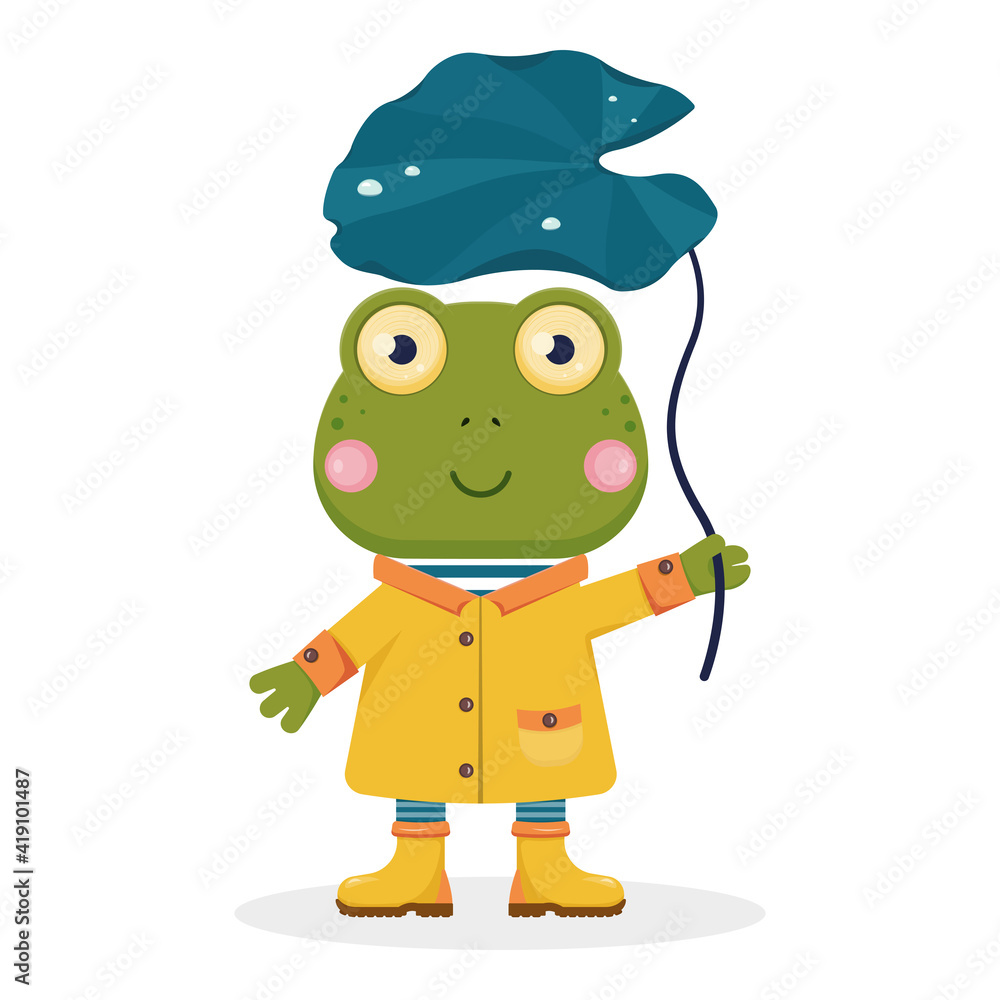 The cute cartoon frog in a yellow rain-coat and boots with a leaf of a ...
