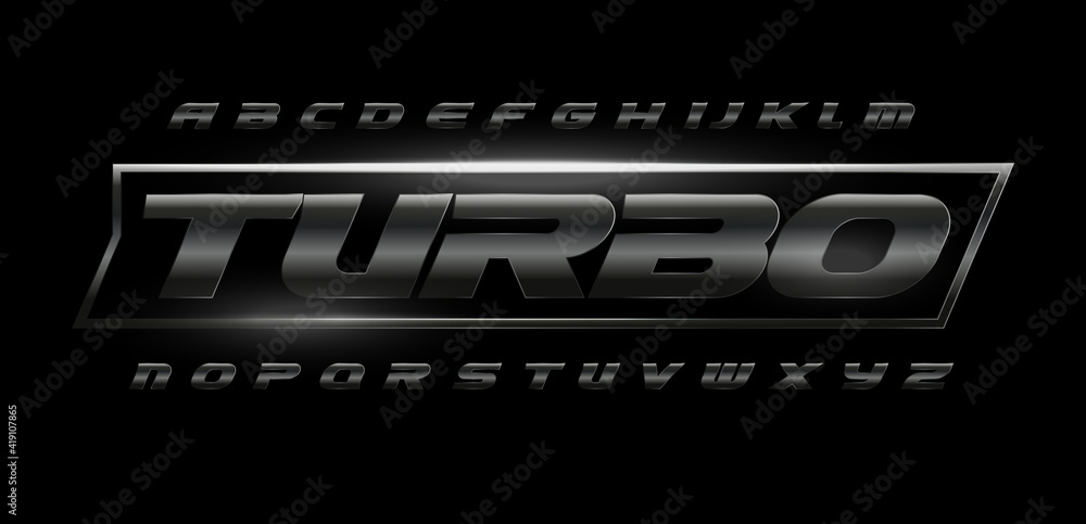 Turbo speed font with dark matte metal texture. Drive dynamic steel ...