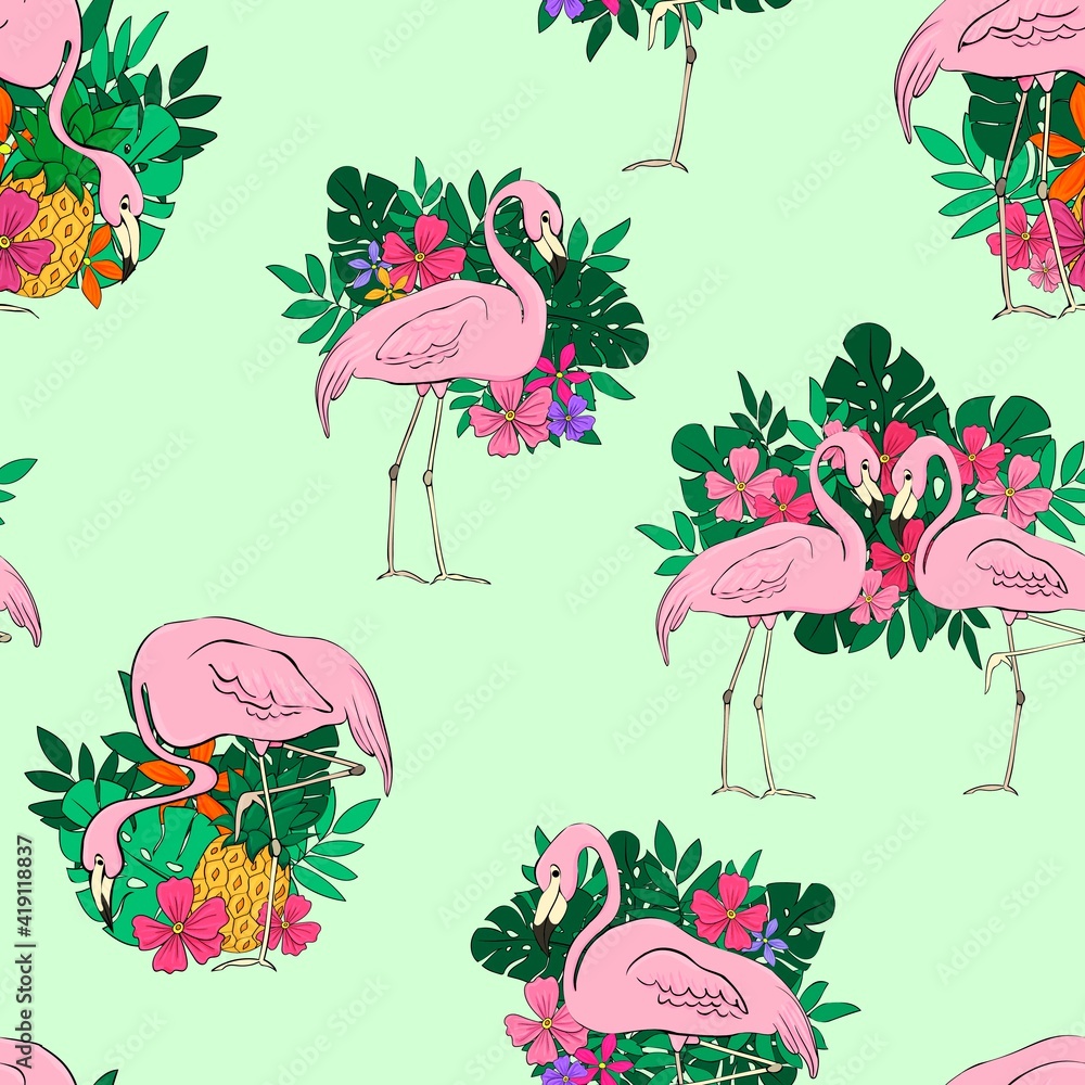 Flamingos on a background of tropical leaves and flowers. Seamless ...