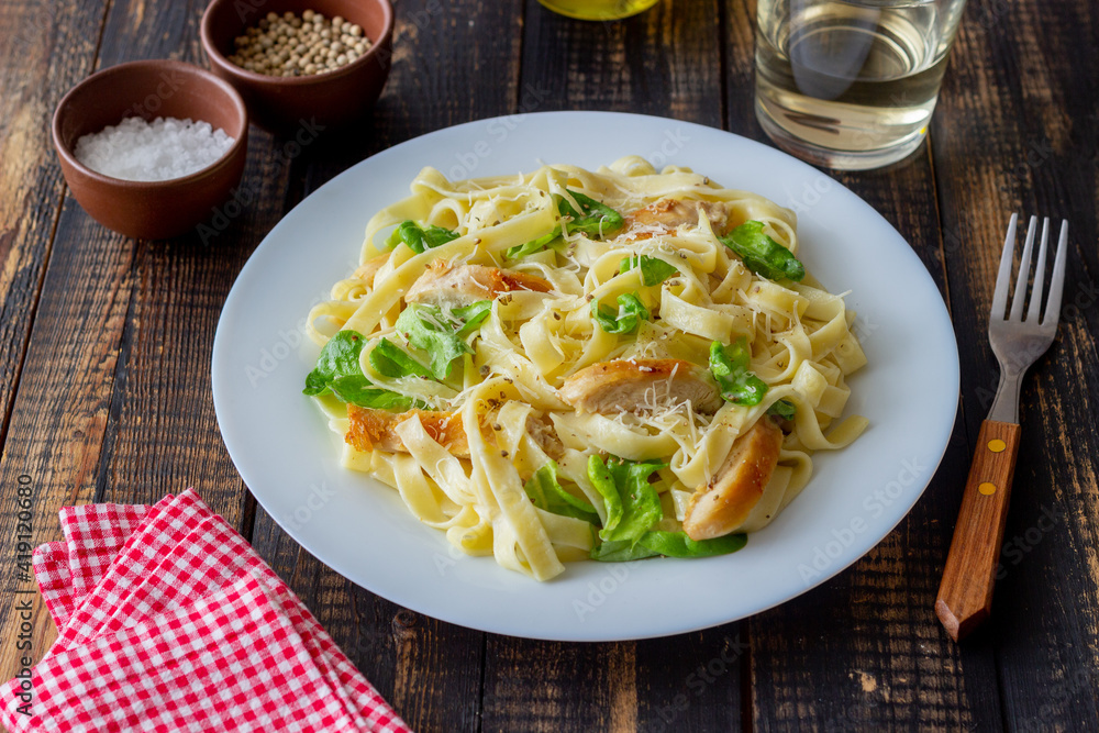 Italian fetuccini alfredo pasta with chicken. National cuisine. Healthy ...