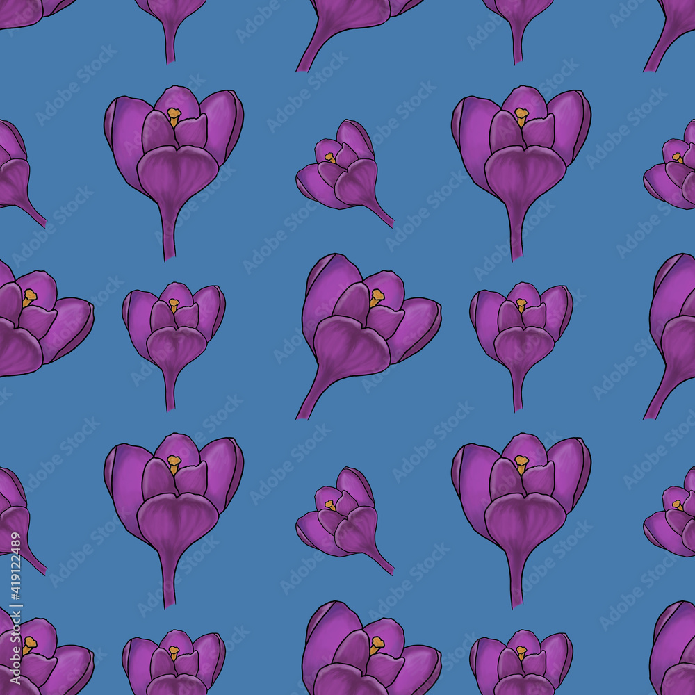 Seamless pattern with crocus illustration on blue background, great ...