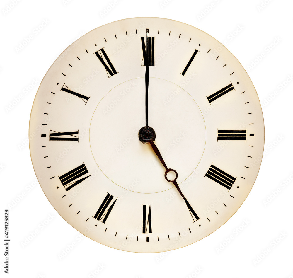 Tea Time concept. Antique clock face pointing at five o'clock against ...