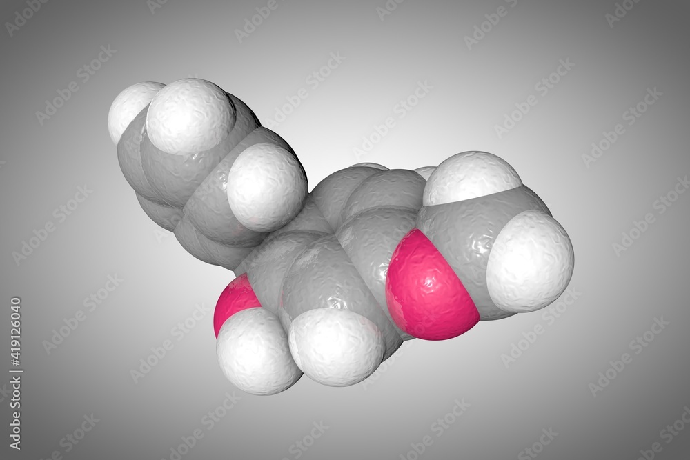 Space-filling molecular model of oxybenzone. Atoms are represented as ...