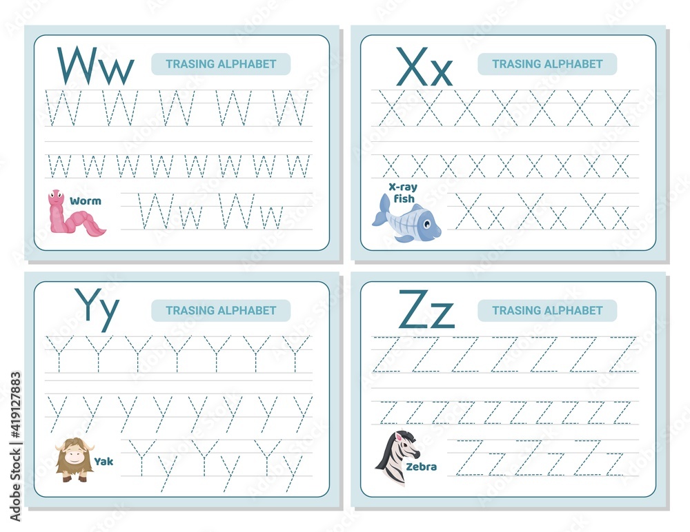 Alphabet tracing practice Letter W, X, Y, Z. Tracing practice worksheet ...