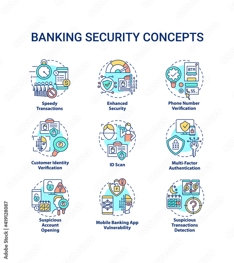 Banking security concept icons set. Reduced administration idea thin ...