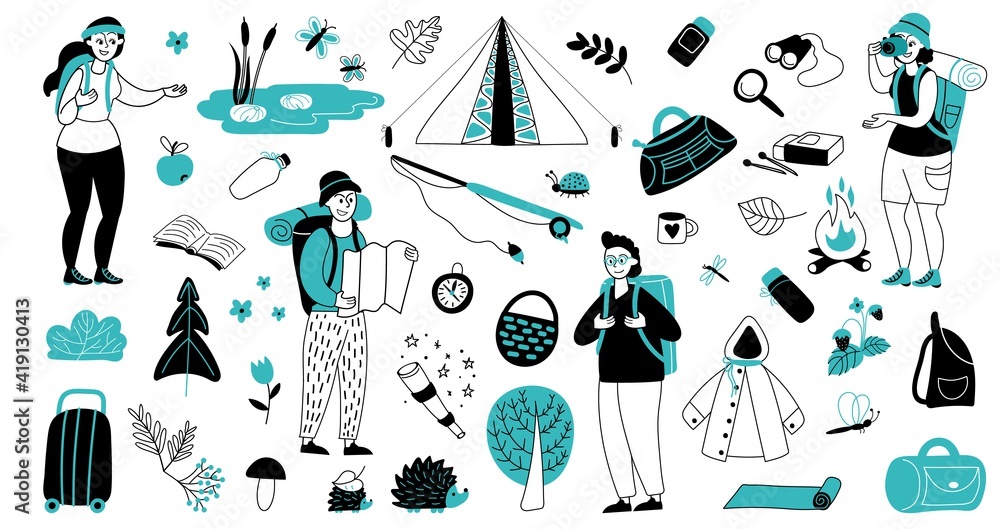 .Vacation characters. Travelling suitcase, isolated tourism friends ...