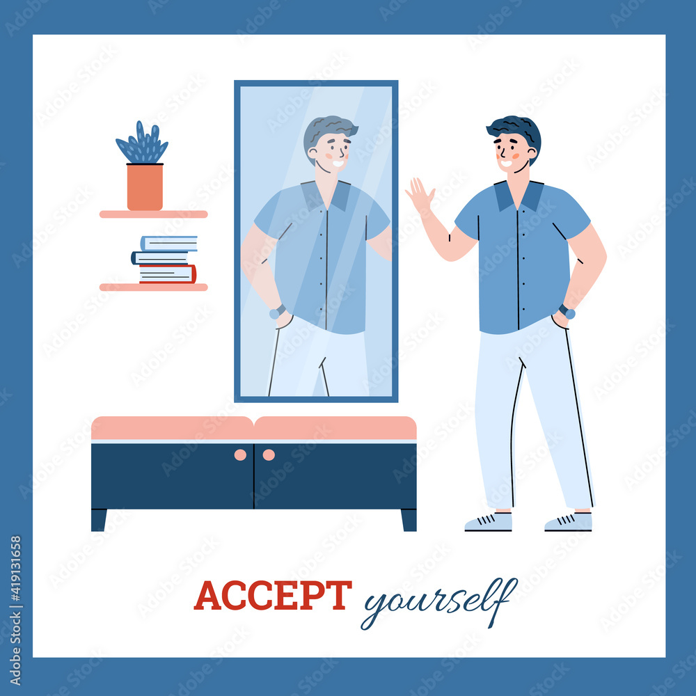 Accept yourself banner with confident self-satisfied man in front of ...