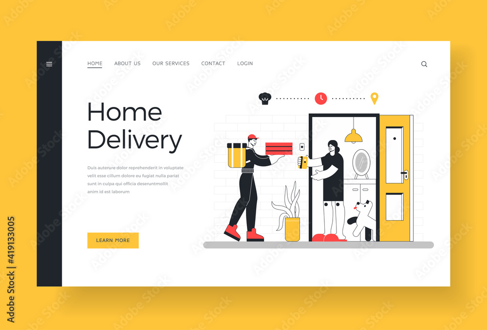 Home delivery banner template. Courier delivering pizza to client Stock ...