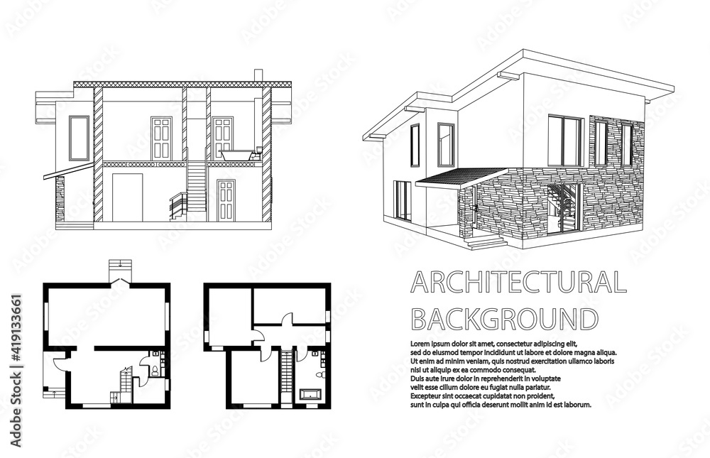 Perspective 3D, floor plan and cross section suburban house. Drawing of ...