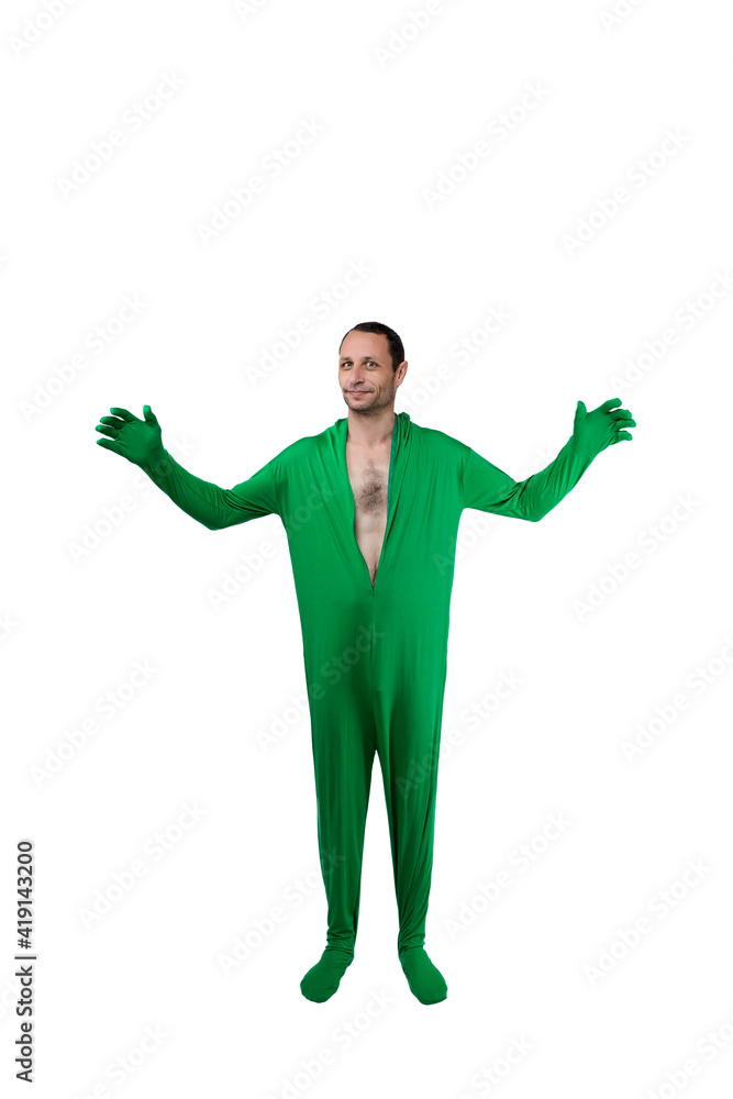 caucasian man wear chroma key green screen body suit. Handsome male ...