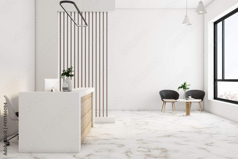 City view from big window in sunny office with waiting area, wooden ...