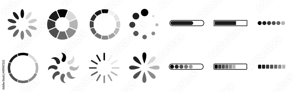 Set loading bar icons. Progress bar loading signs. Collection loading bar in different design ...
