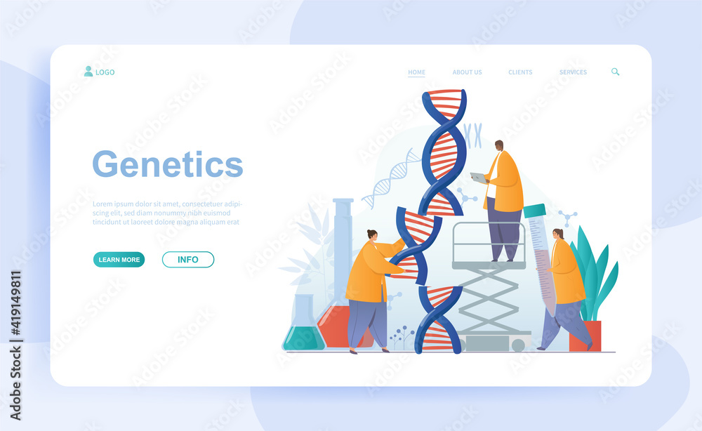 Male and female characters are working on genetics. Scientists studying DNA together in a ...