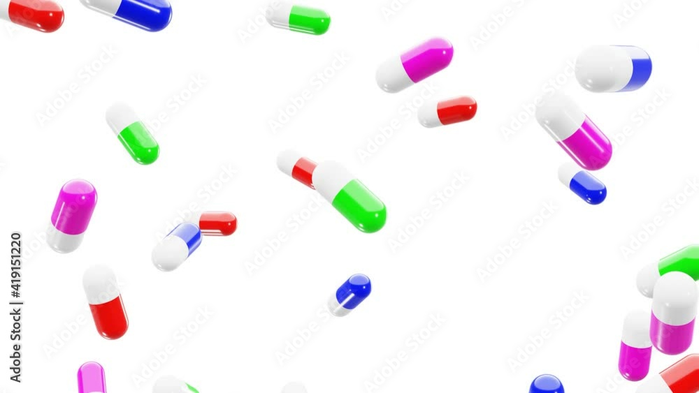 Realistic slow motion 3D animation of the colorful medicine pills ...