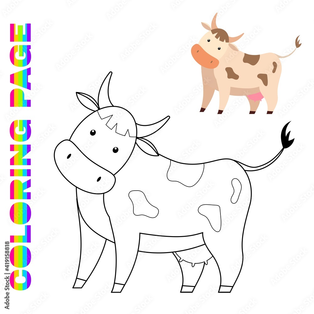 Coloring page for kids with cow. Farm animal Stock Vector | Adobe Stock
