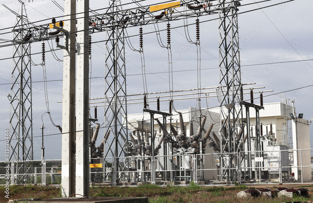 High-voltage stations in the industrial area. Stock Photo | Adobe Stock