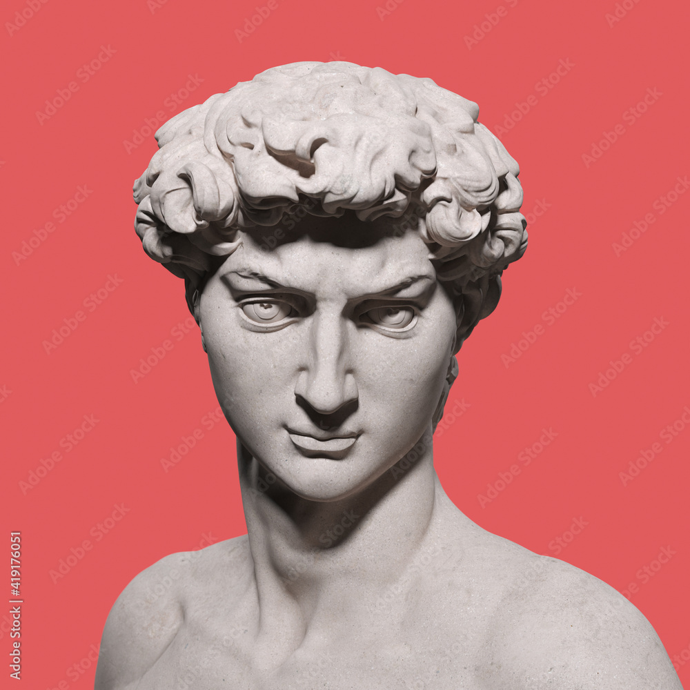 Serious face man, David sculpture bust angry looking camera isolated 3d ...
