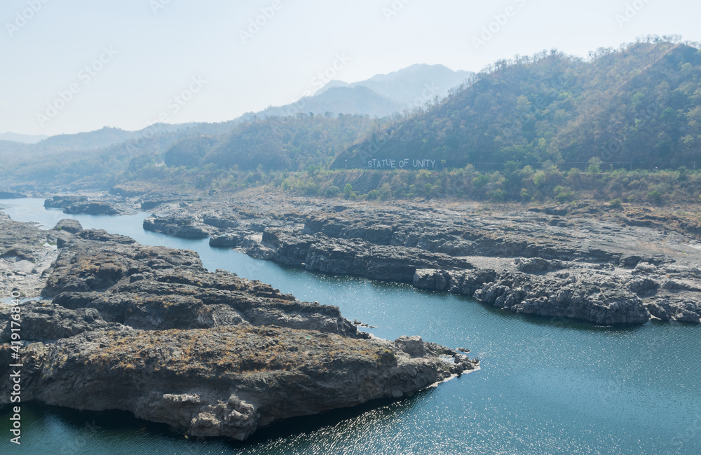 High angle panoramic landscape view of beautiful river Narmada with ...