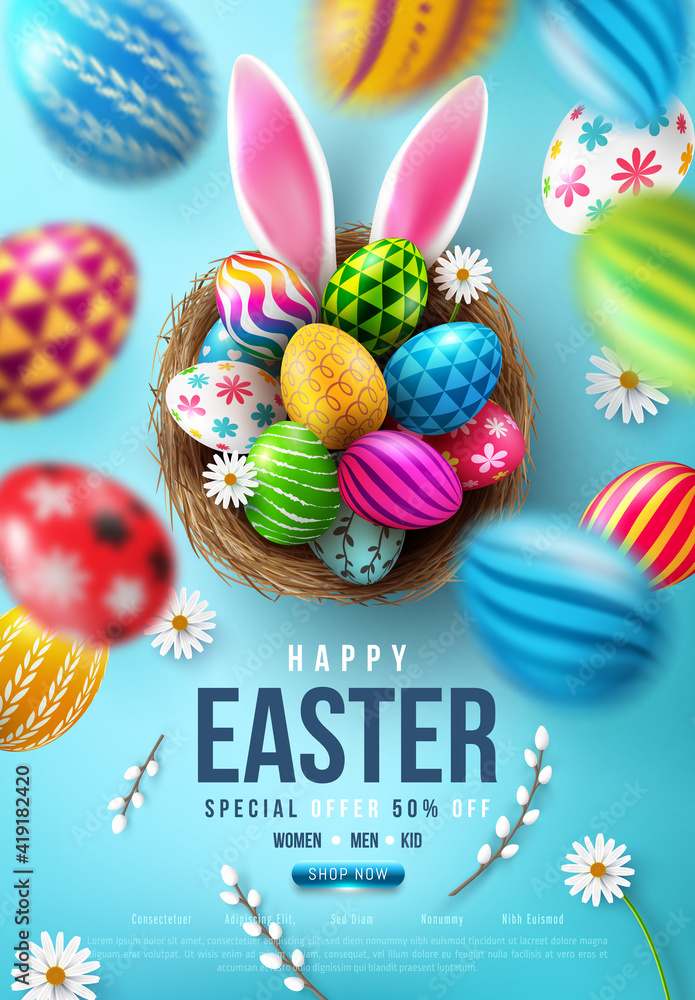 Easter Poster And Flyer Template with Easter eggs in the nest and ...