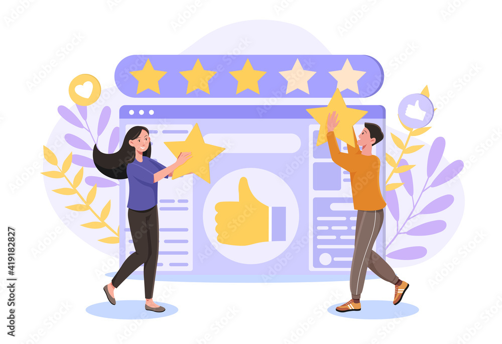 People give review rating and feedback. Flat abstract cartoon vector ...