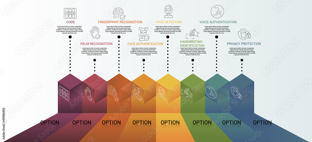 Infographic Authentication template. Icons in different colors. Include ...