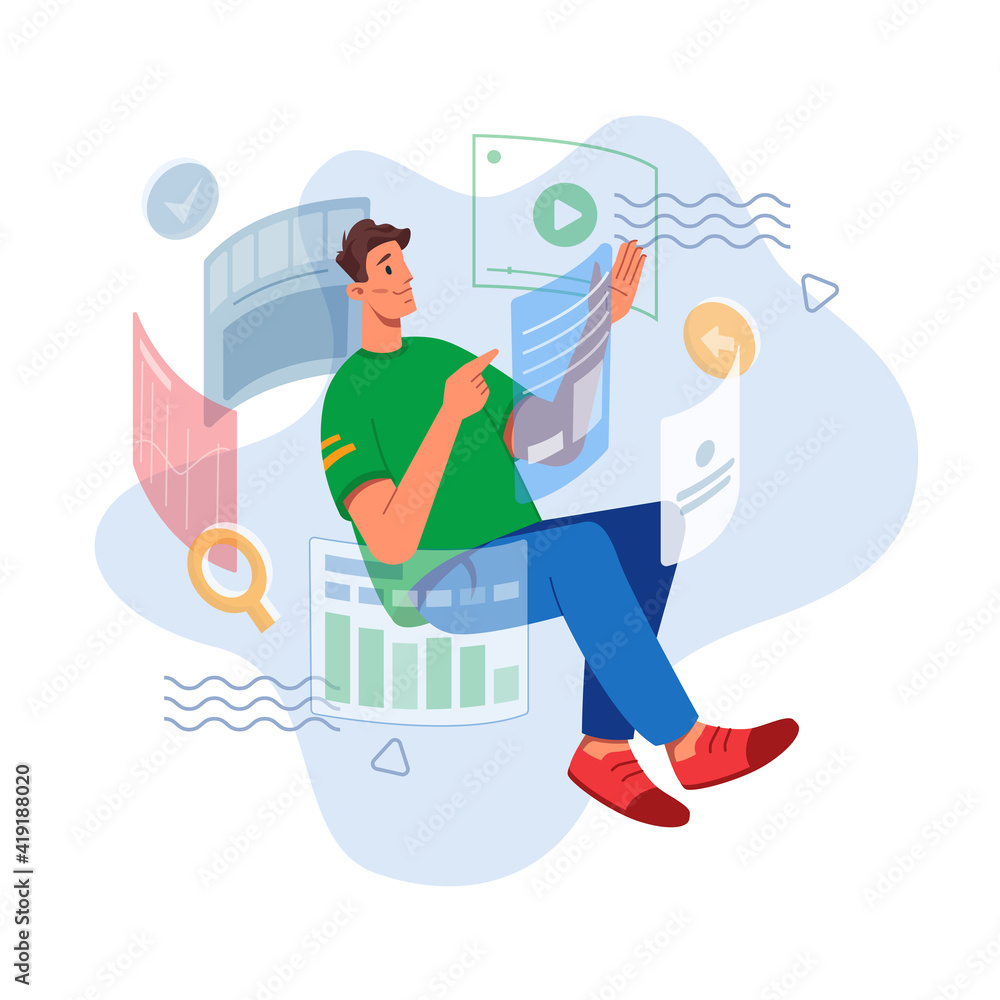 Man analyzing data and studying online in virtual world isolated flat ...