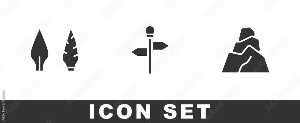 Set Stone age arrow head, Road traffic signpost and Rock stones icon ...