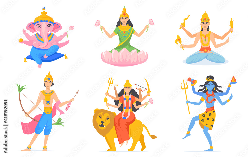 Indian Gods vector set. Different Hindu Gods and Goddesses for India ...