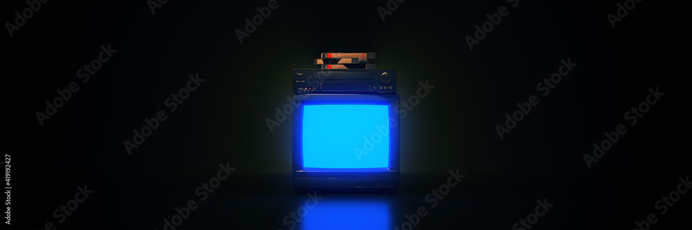 Retro wave, 80s concept. Video player with vhs cassette, old tv, neon ...