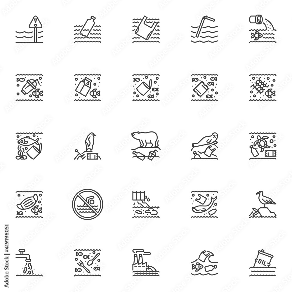Water pollution line icons set. Ocean pollution linear style symbols ...