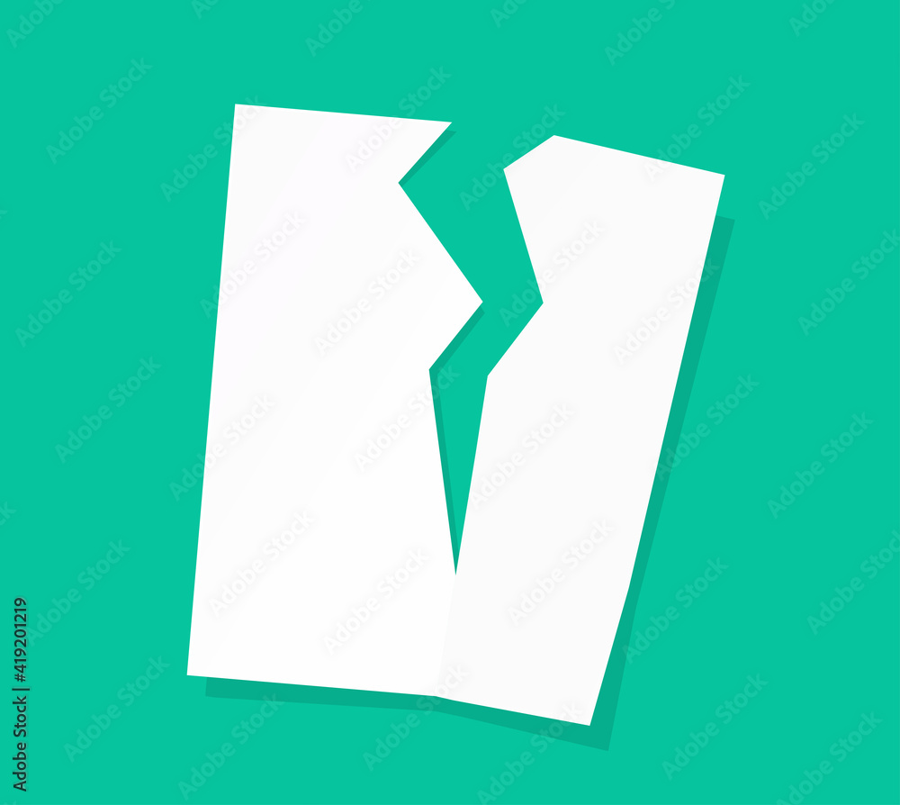 Broken paper document page sheet vector or breach of agreement idea ...