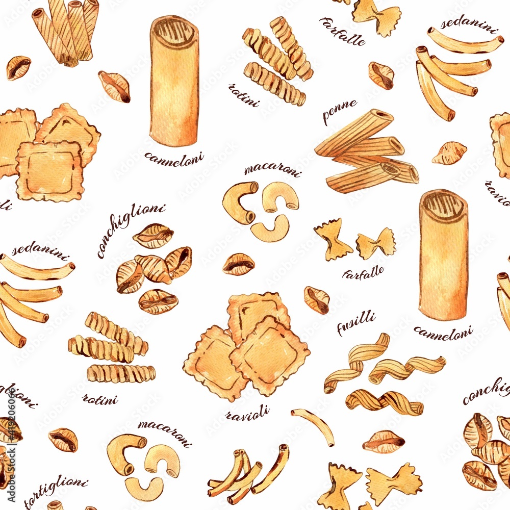 Watercolor and ink pasta pattern on white. Seamless pattern with ...