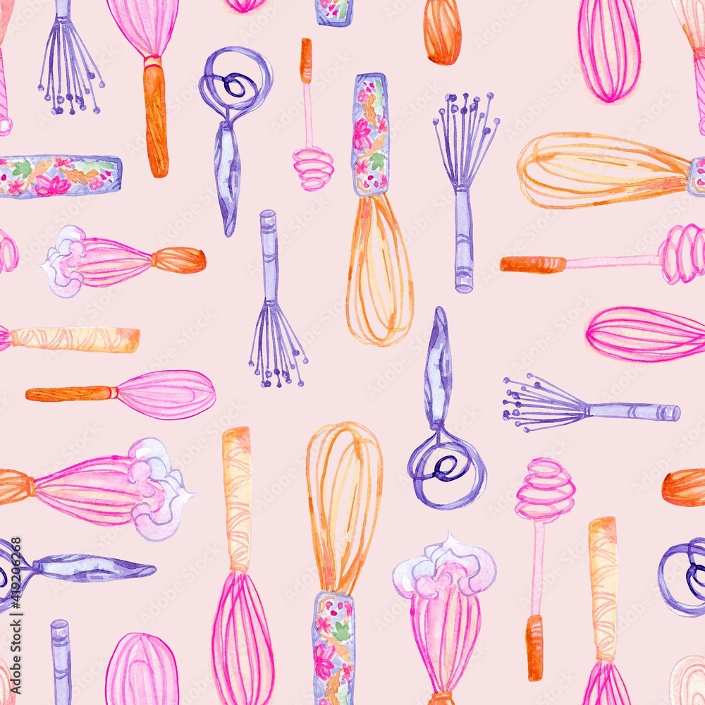 Watercolor and ink whisks pattern on blush pink background. Seamless ...