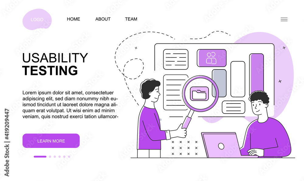 Two male characters are testing interface usability. Young man is ...