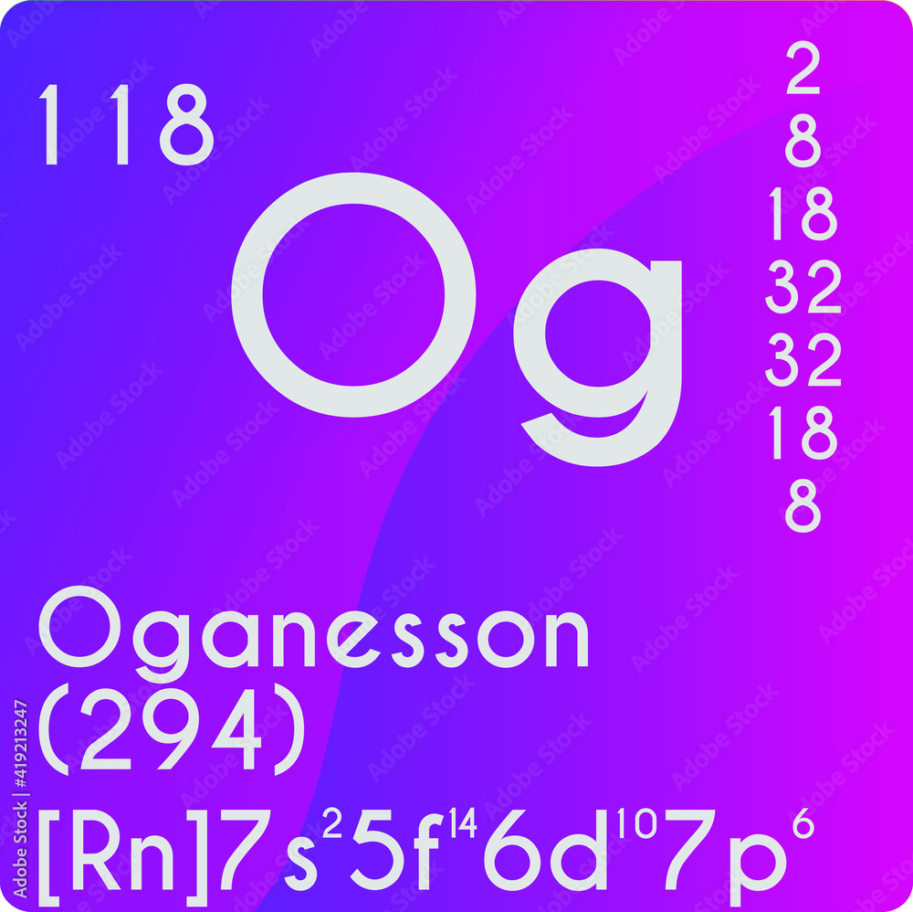 Oganesson Og Chemical Element vector illustration diagram, with atomic number, mass and electron ...