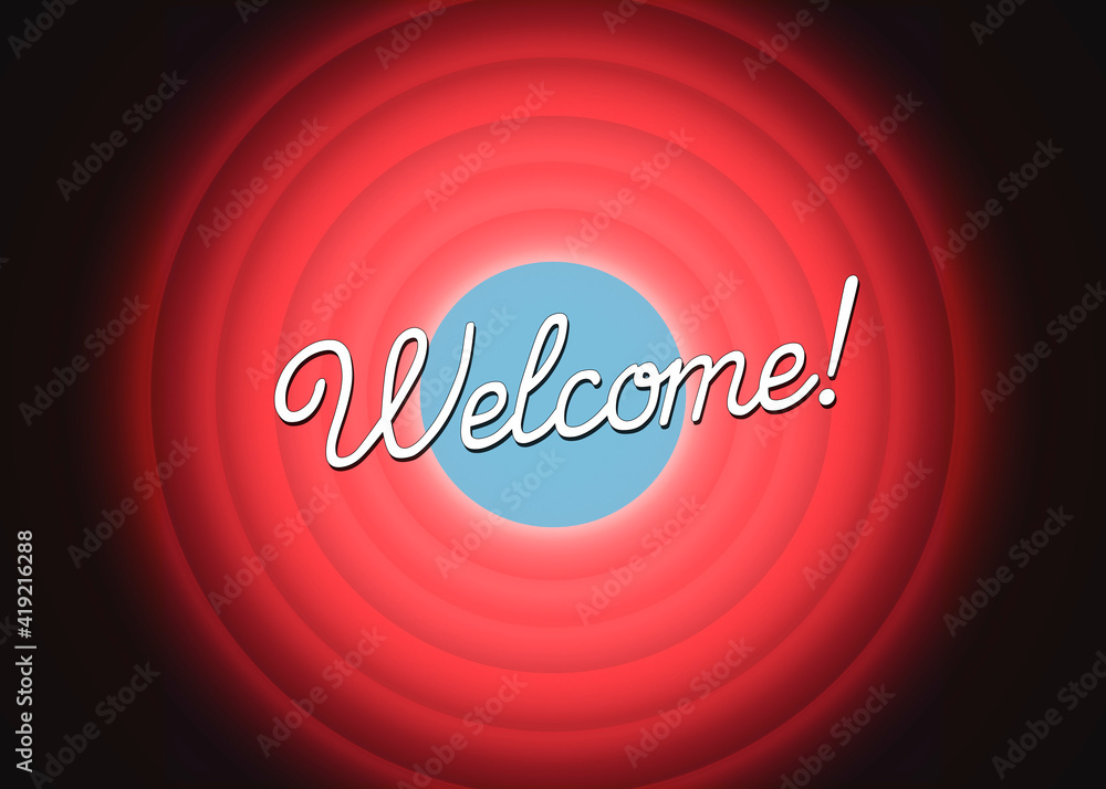 The text Welcome, funny font, on a background of concentric circles ...