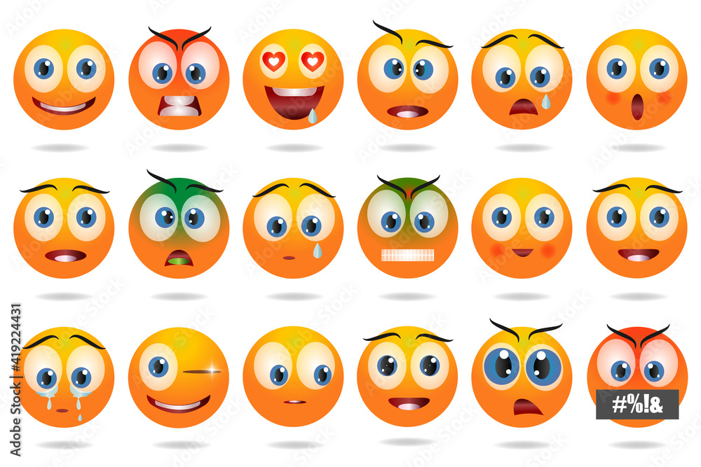 Emoji set. Emoji sticker pack. Human emotions: happy, angry, enamored ...