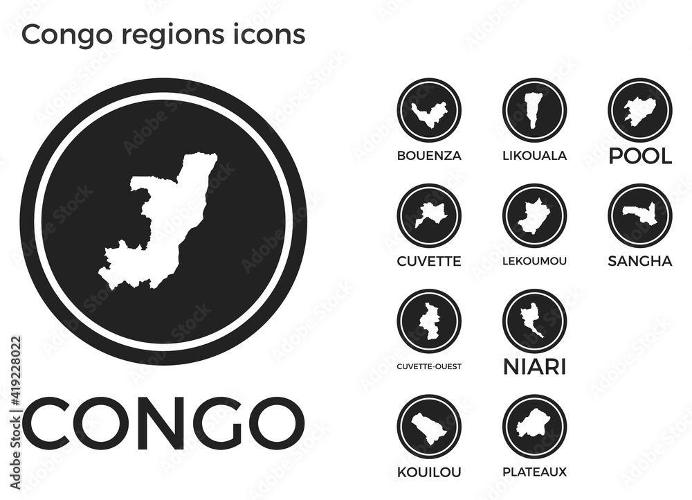 Congo regions icons. Black round logos with country regions maps and ...