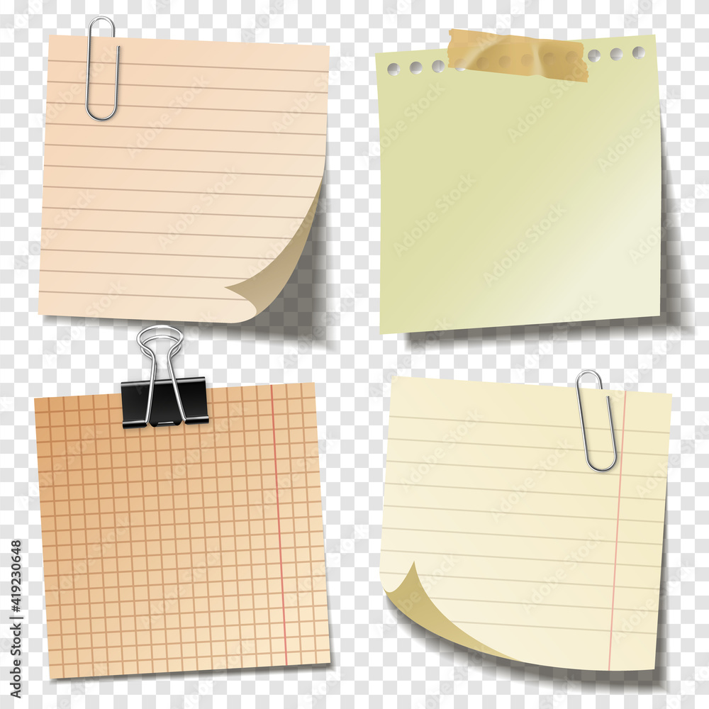 Realistic blank sticky notes with clip binder and adhesive tape ...