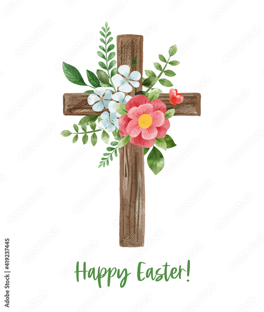 Easter cross with floral decor. Hand drawn art Stock Vector | Adobe Stock