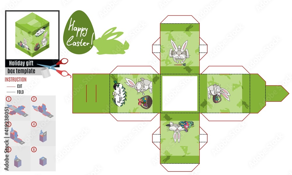 box template. rabbit and basket with painted eggs Stock Illustration ...