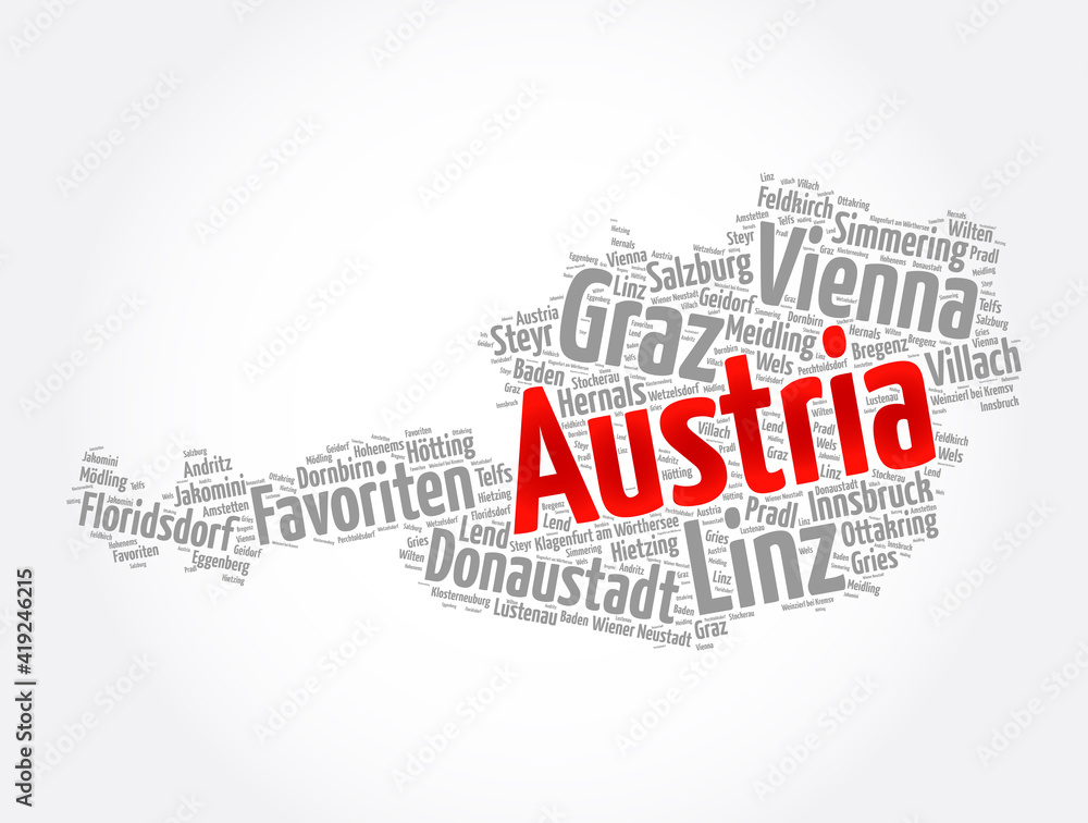 List of cities and towns in AUSTRIA, map word cloud collage, business ...