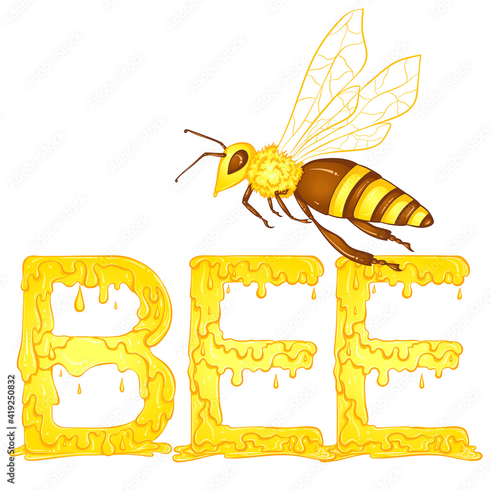 Lettering dripping word Bee yellow color with insect bee. Vector ...