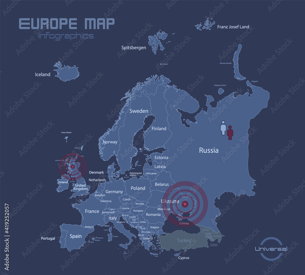 Europe map, with names of individual states, infographics blue flat ...