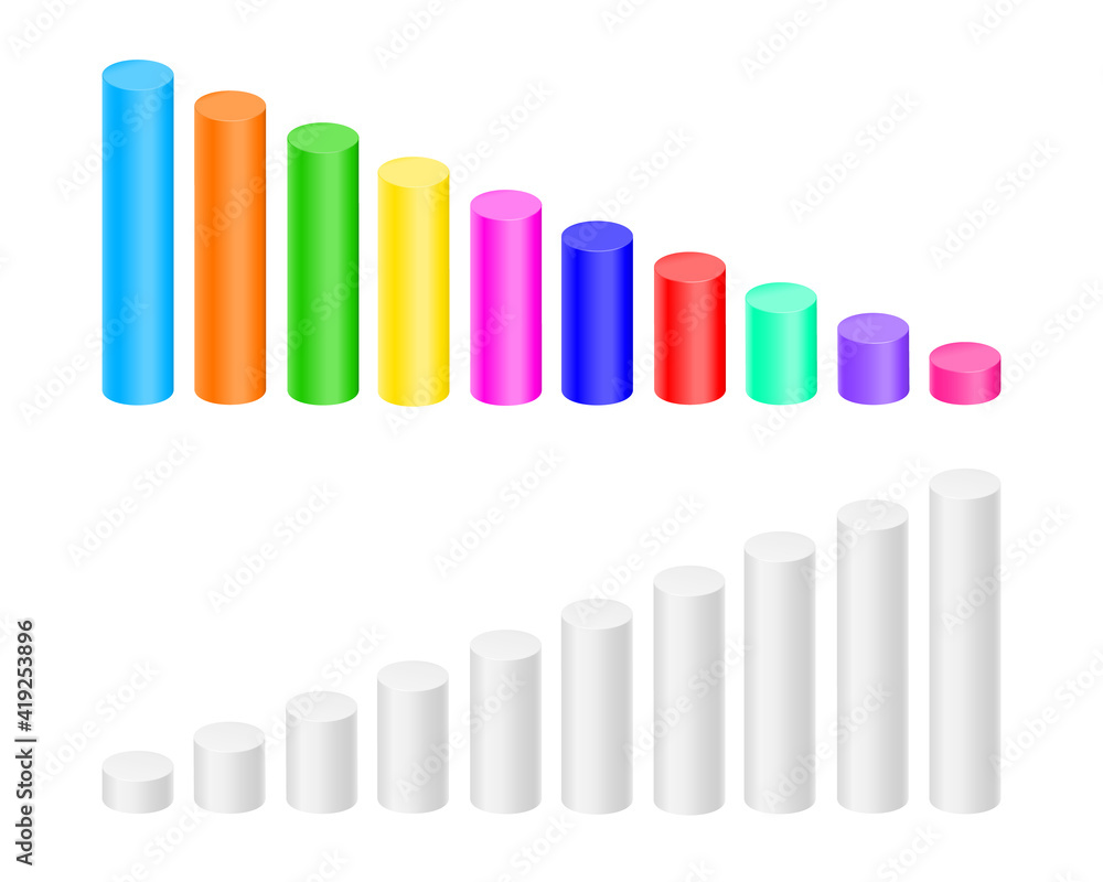 Colorful and white cylinders. Bar graph, column chart elements for ...