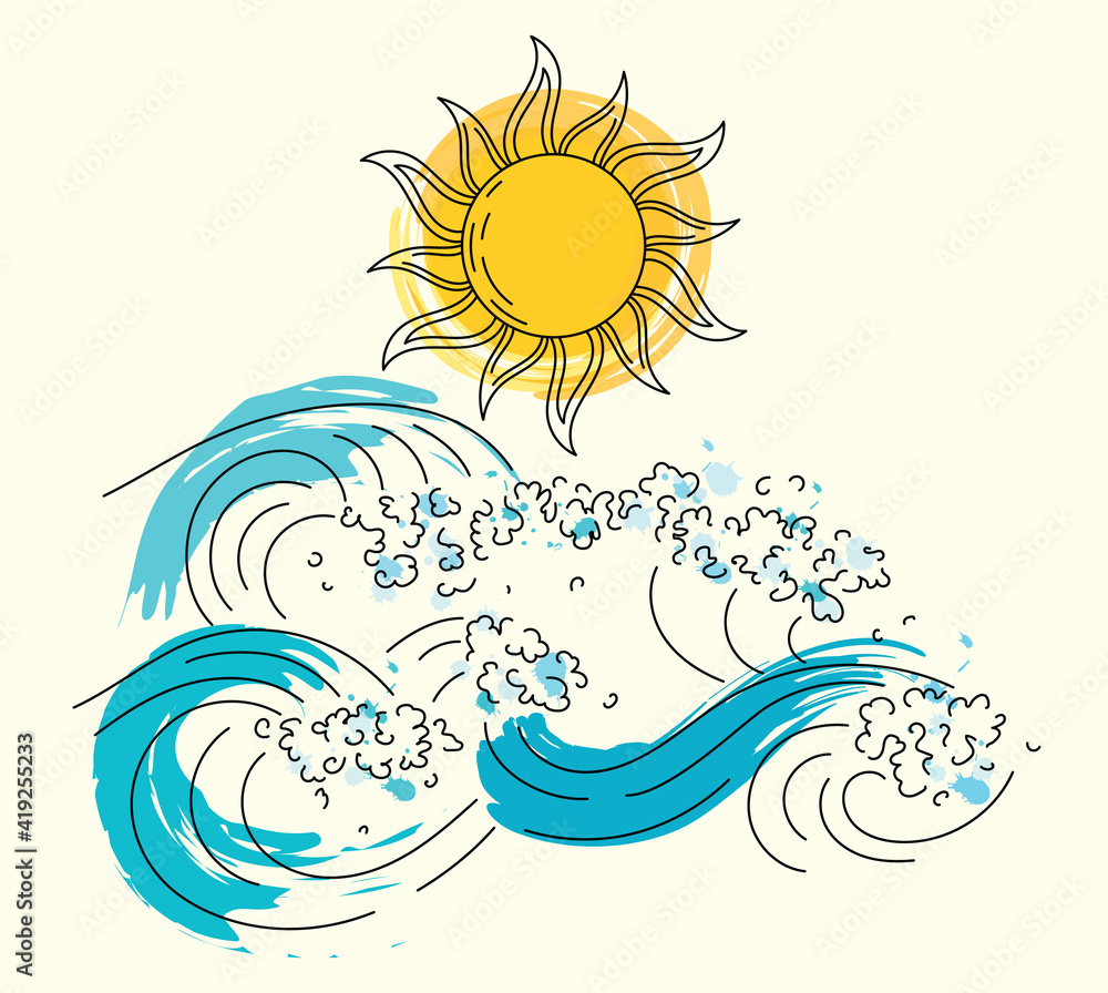 Vector illustration of line art sea waves and the sun. Outline with ...
