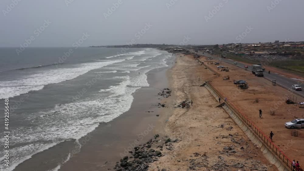Aerial Sakumono Beach park near Accra Ghana. Bars, pubs, restaurants ...