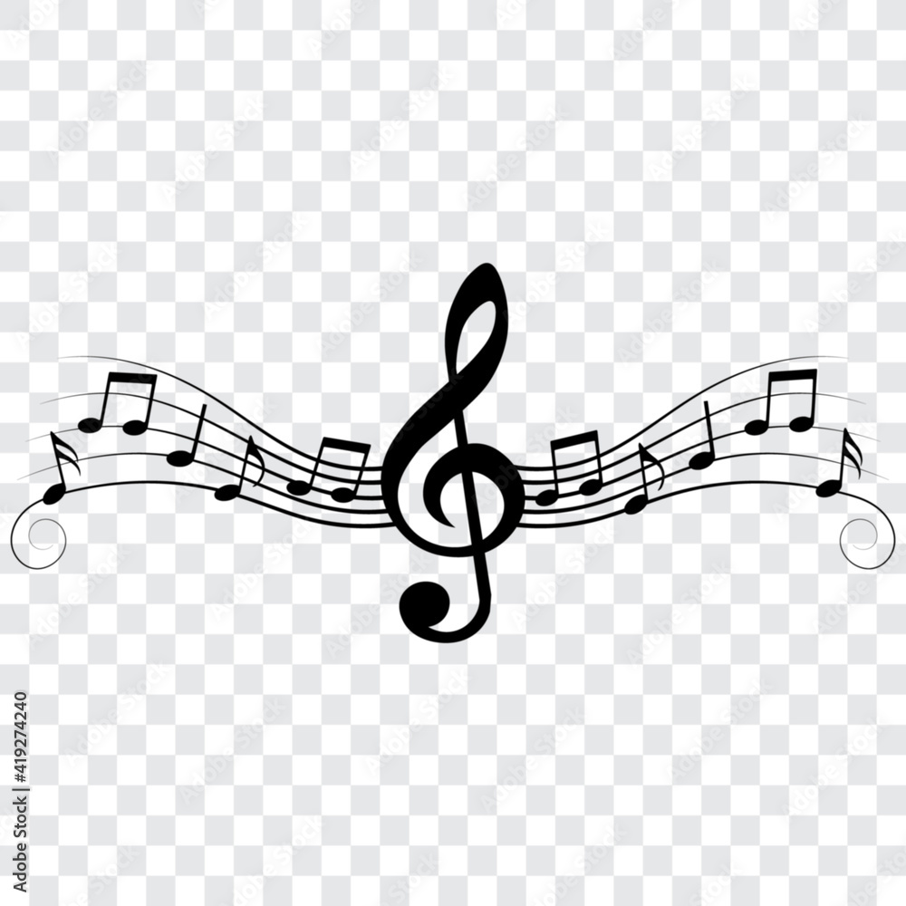 Music notes and treble clef, musical design element with swirls, vector ...