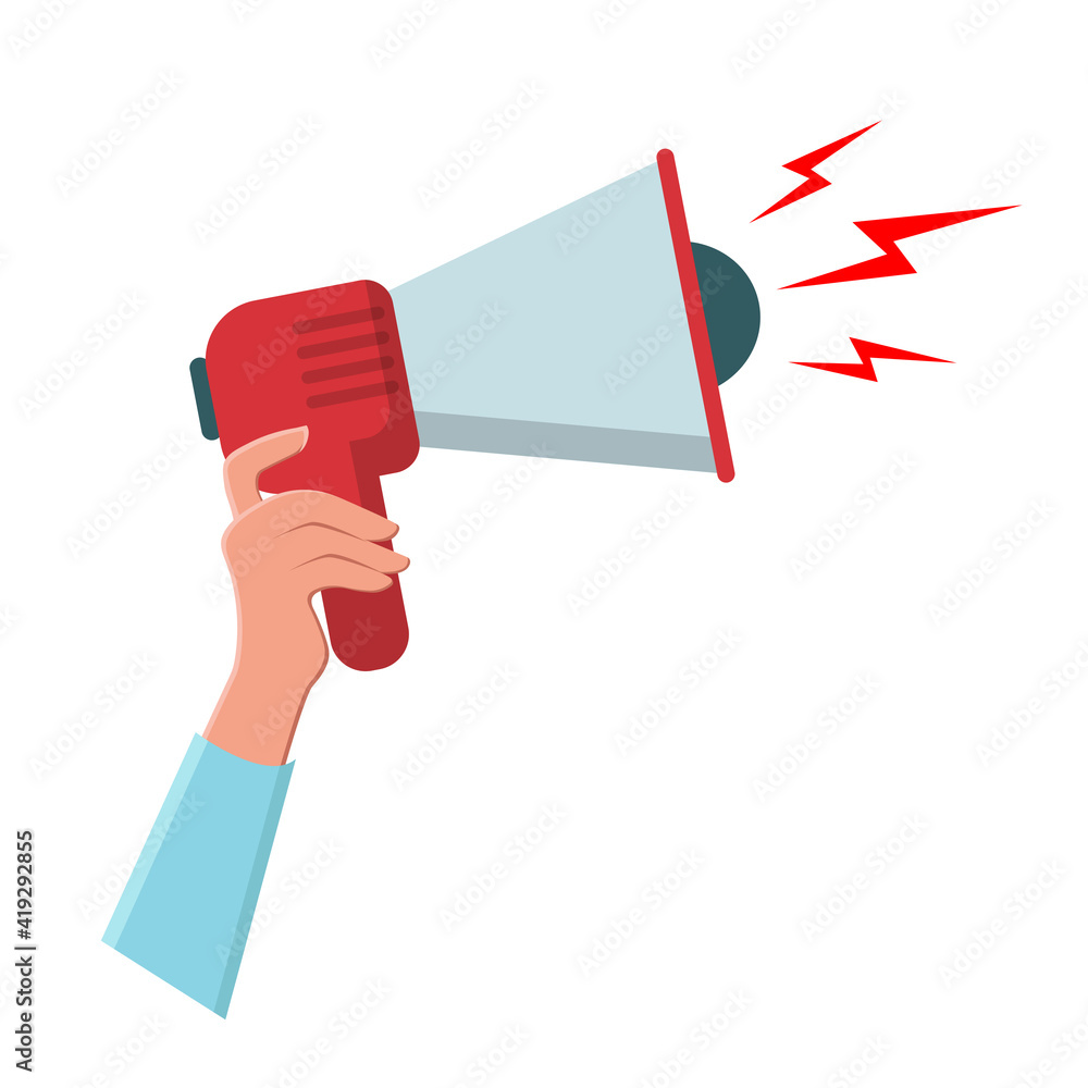 Cartoon human hand holding megaphone. social media marketing concept ...
