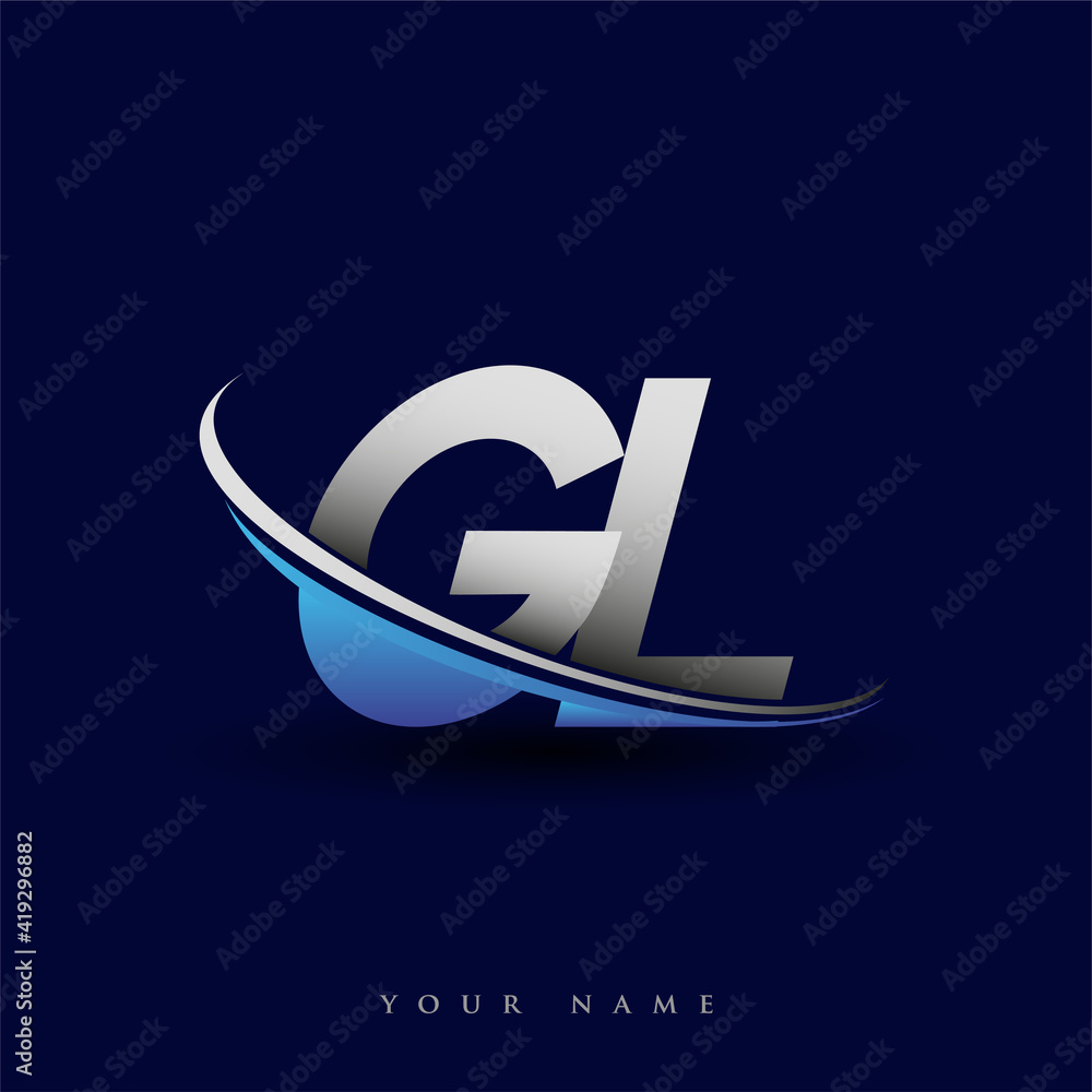 initial letter GL logotype company name colored blue and grey swoosh ...